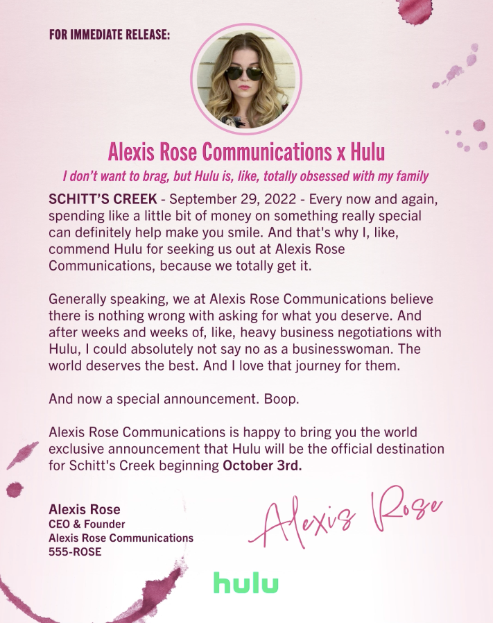 Schitt's Creek to Stream on Hulu in October